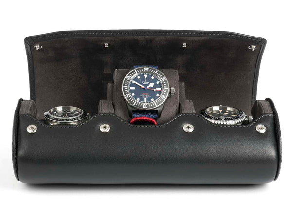 3-Slot Watch Roll with Stand Function - Black Leather - Carapaz