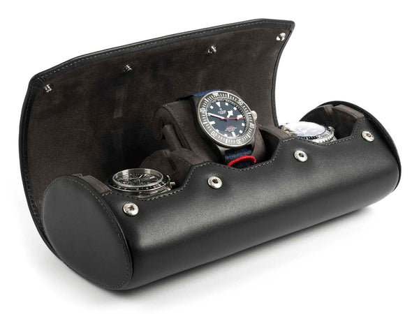 3-Slot Watch Roll with Stand Function - Black Leather - Carapaz