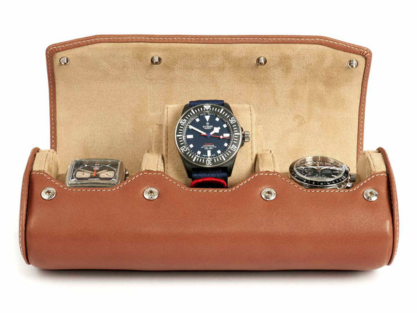 Swiss Watch Box for 3 Watches with Stand Function - Cognac/Light Brown ...